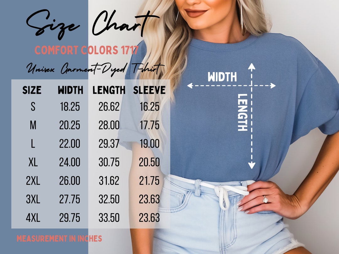 Comfort Colors C1717 Size Chart, Blue Jean Size Chart Mockup, Womens ...