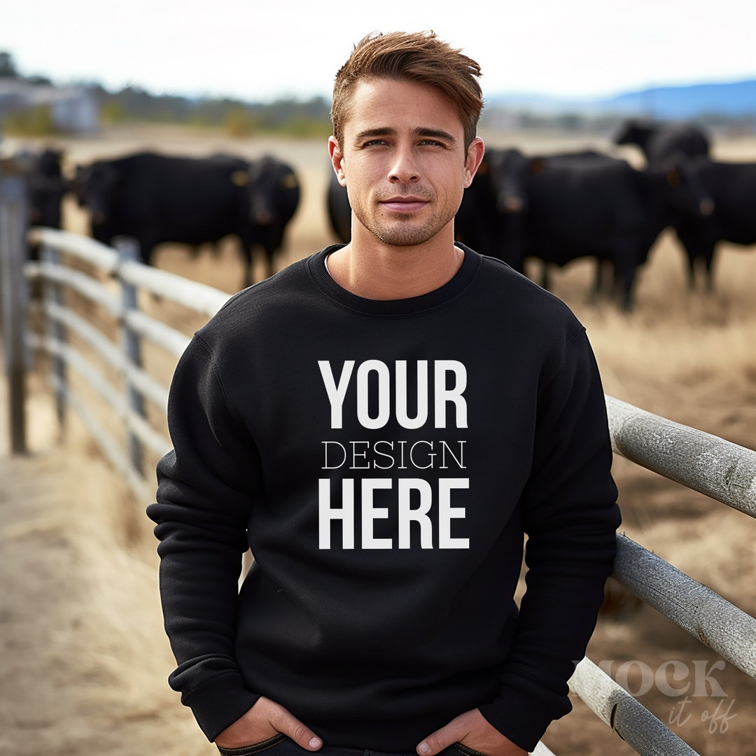 Male Mockup, Farmking Mockup, Black Gildan 18000 Sweatshirt Mock, Black ...
