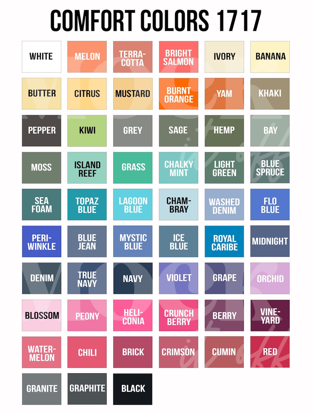 Printify Comfort Colors 1717 Color Chart, 2023 Printify Color Chart ...
