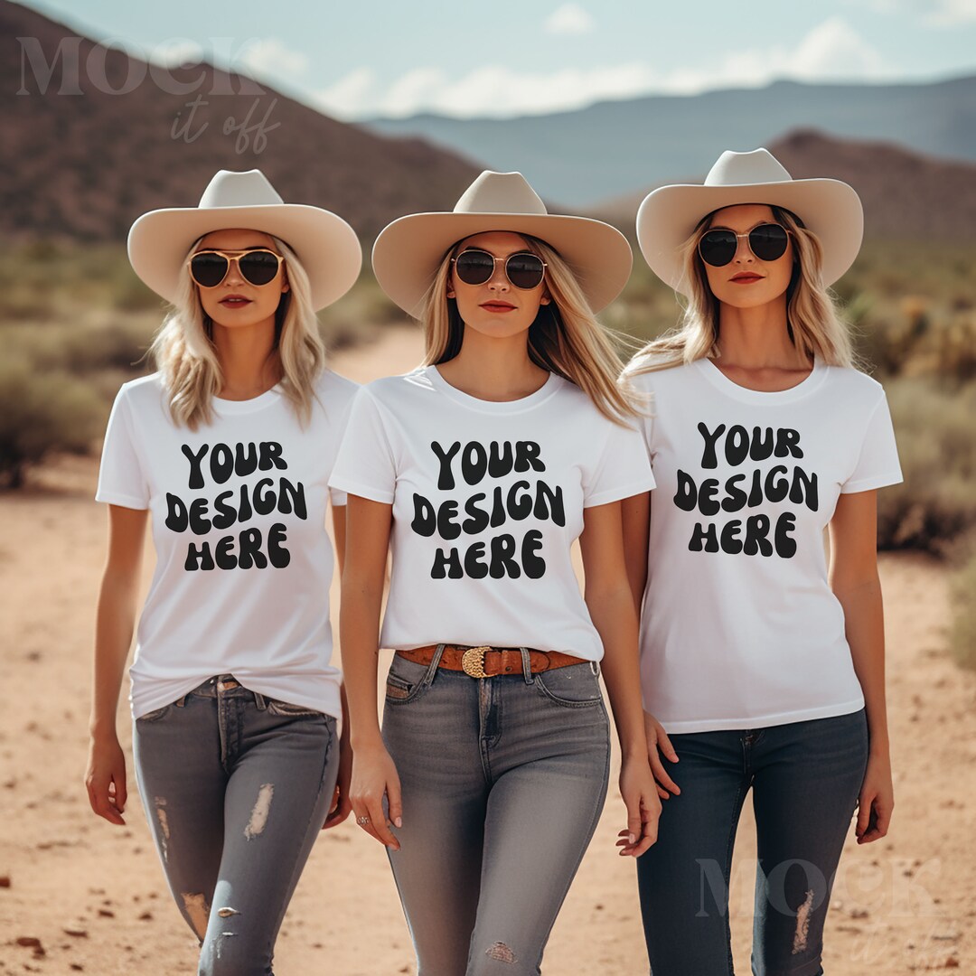 Group Western Mockup, White Shirt Group Mockup Desert, Bella Canvas ...
