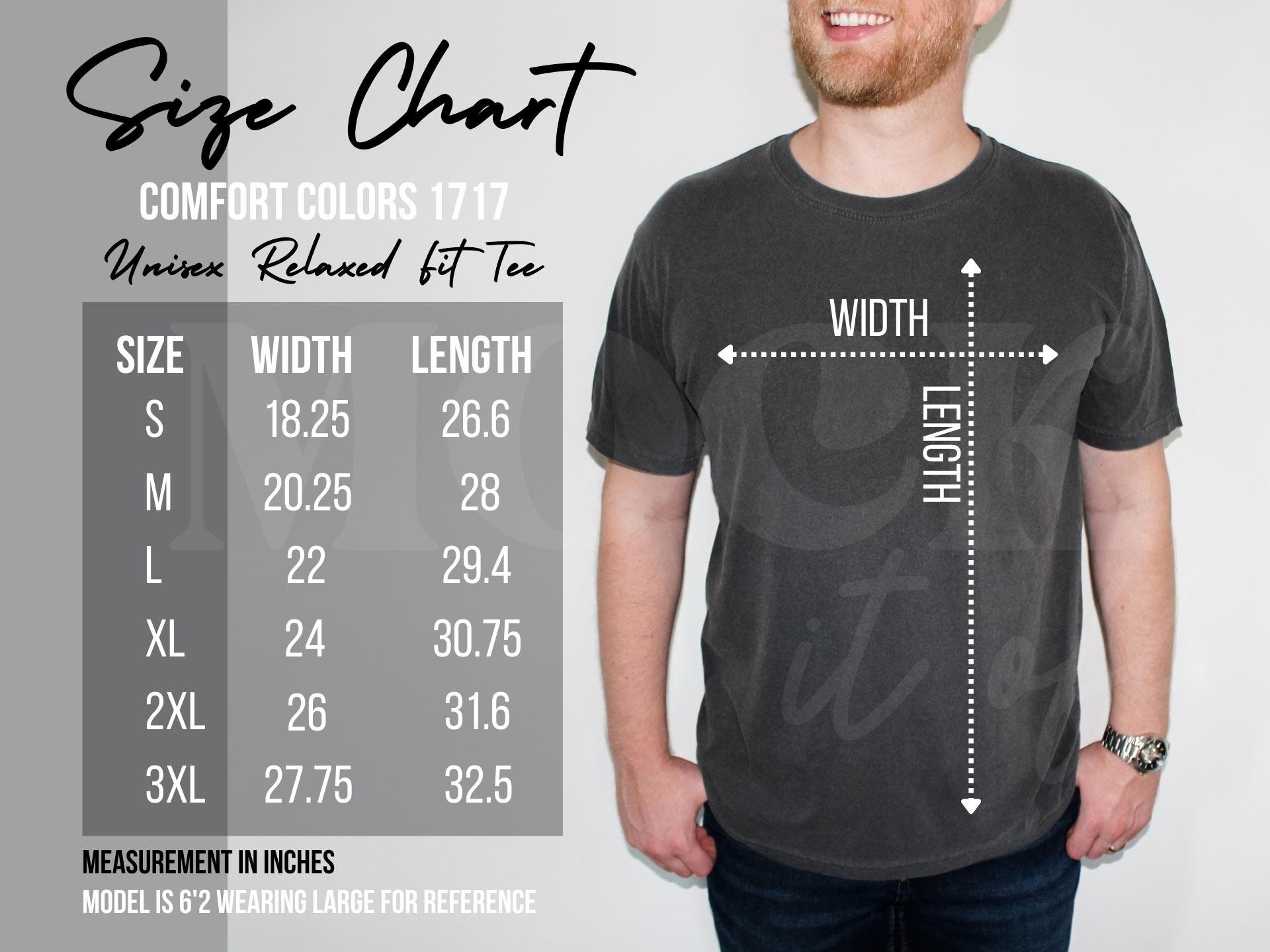 Comfort Colors 1717 Size Chart, Male Model Sizing Chart Mockup, Unisex ...
