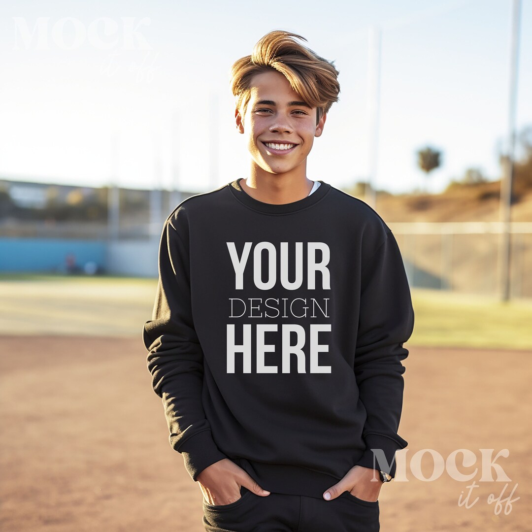 High School Male Mockup, Black Gildan 18000 Sweatshirt Mock, High ...