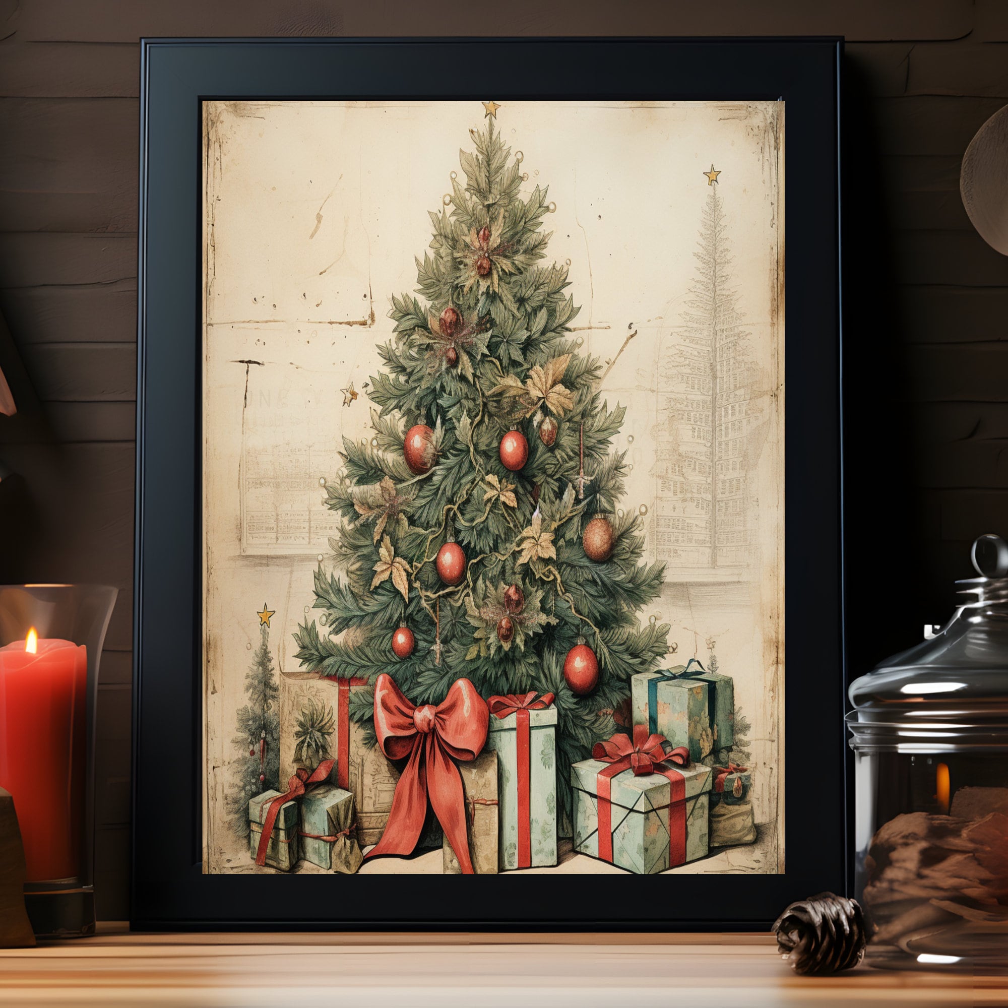 Vintage Christmas Tree Print, Vintage Christmas Decorations, Rustic ...