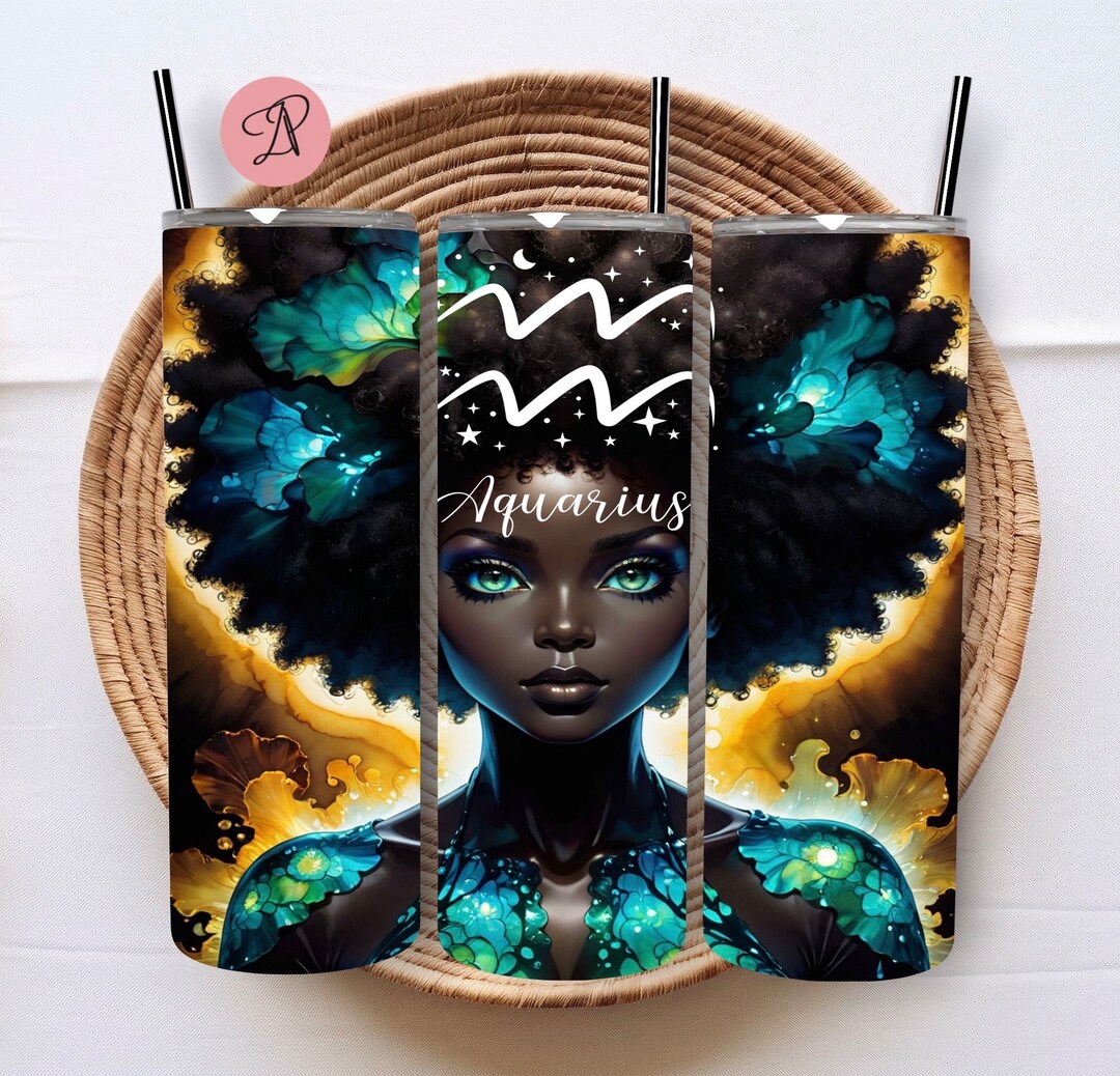 20oz Aquarius Tumbler Wrap , Afro Girl Tumbler Png, Zodiac Sign Tumbler ...