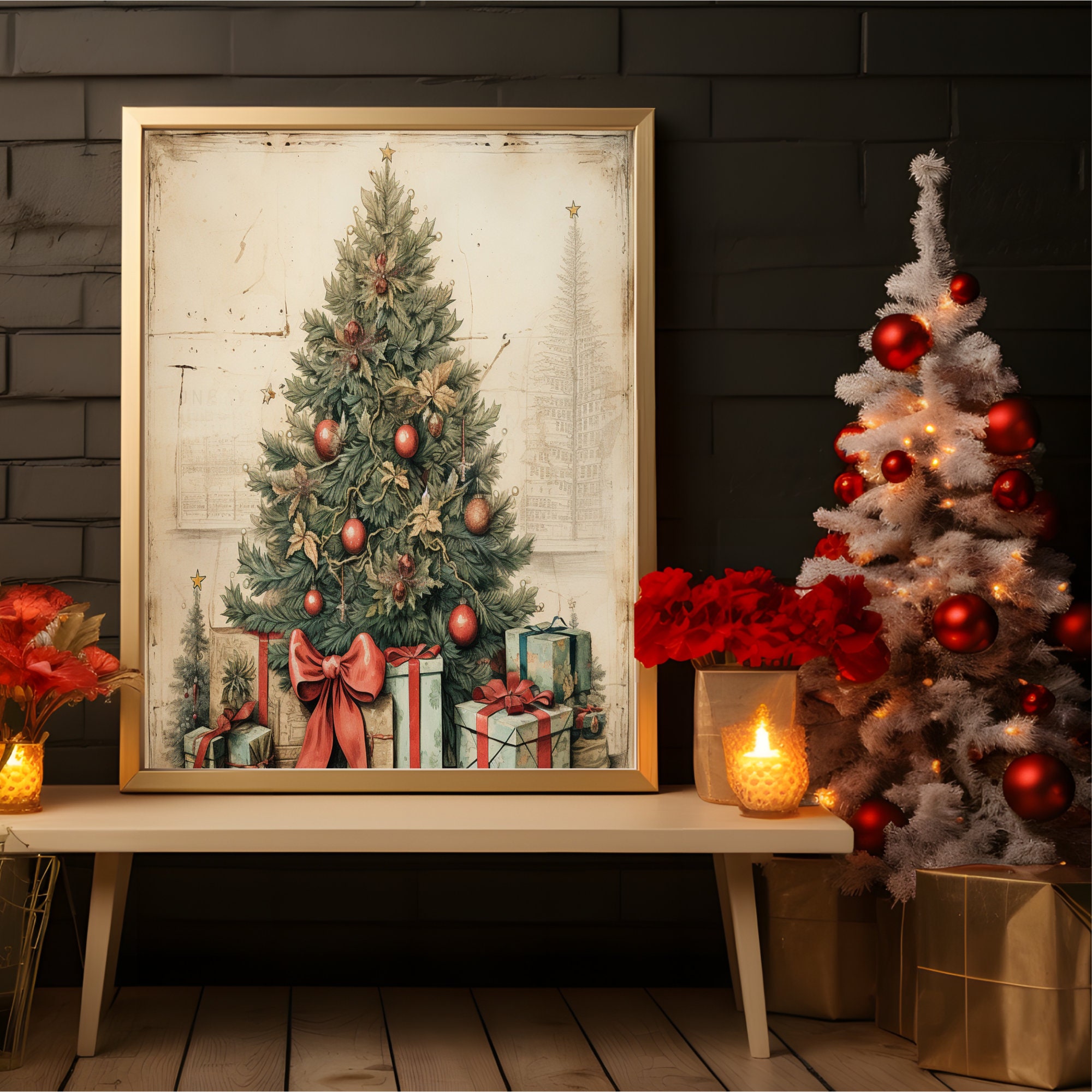 Vintage Christmas Tree Print, Vintage Christmas Decorations, Rustic ...
