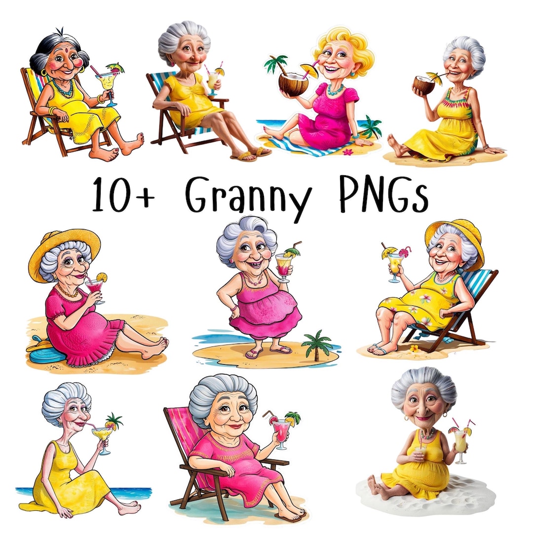 Funny Old Lady Beach Clipart Bundle, Summer Elderly Grandma Sticker PNG ...