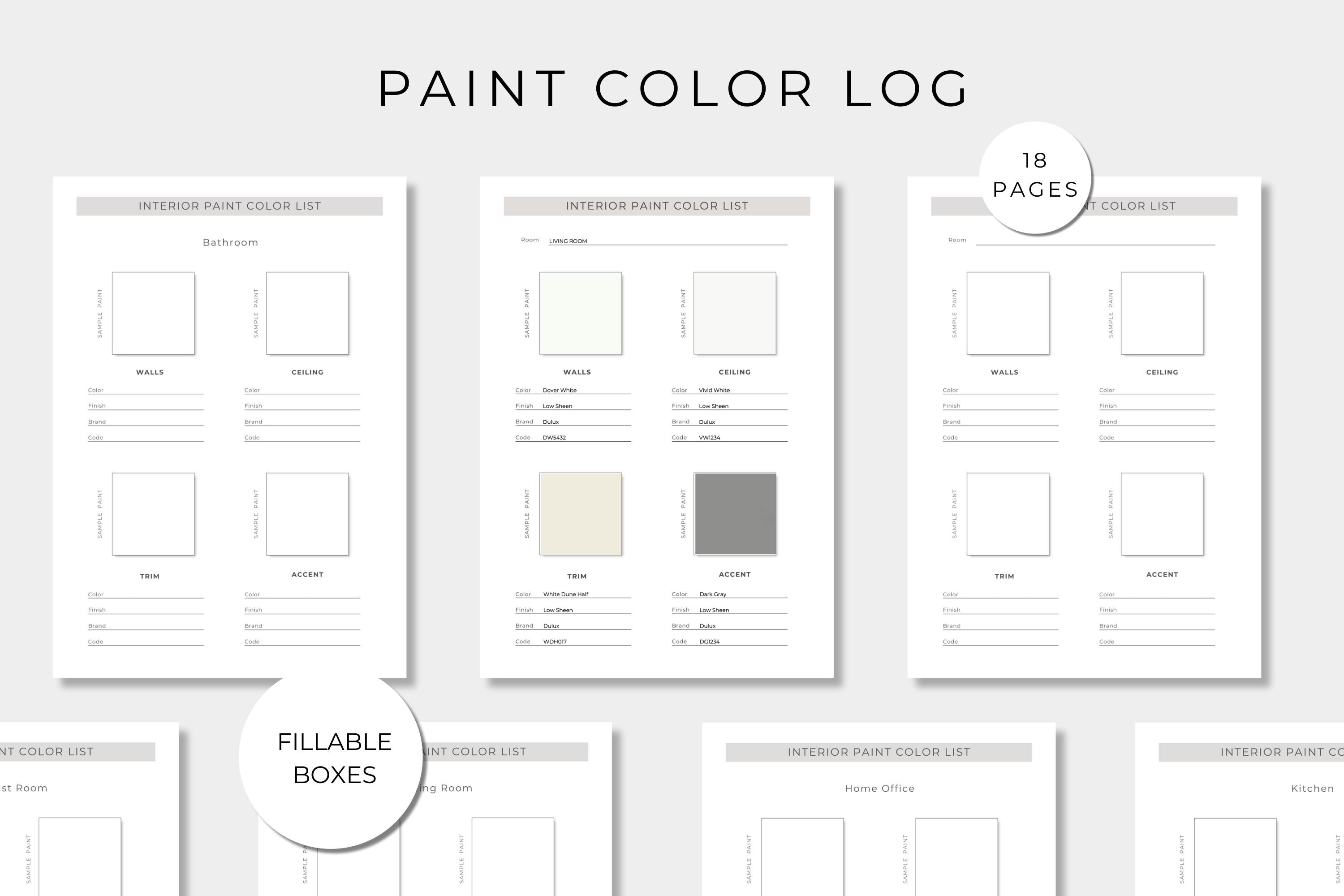 Paint Color Log, Household Paint Tracker, Paint Colour Tracker ...