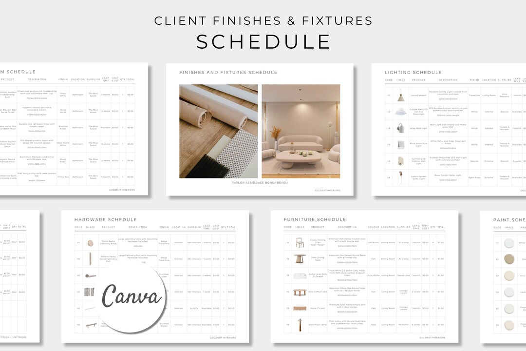 Client Finishes and Fixtures Schedule, FF&E Schedule, Canva Template ...