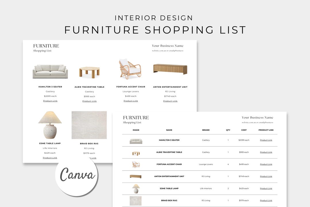 Interior Design Furniture Shopping List, Canva Template, Furniture ...