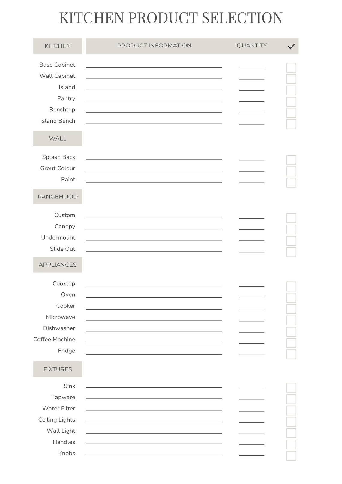Kitchen and Bathroom Product Selection Template, Printable Kitchen ...