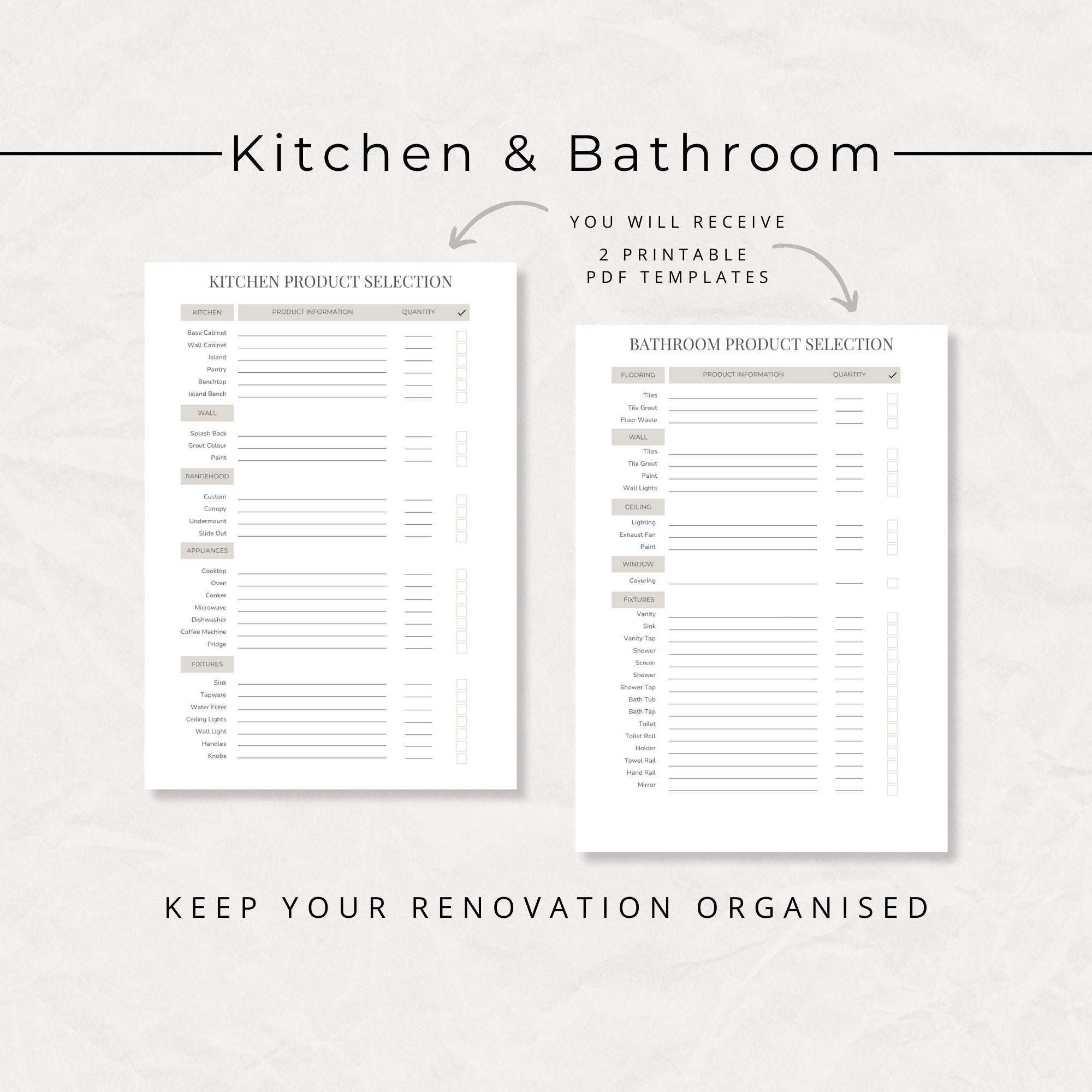 Kitchen and Bathroom Product Selection Template, Printable Kitchen ...