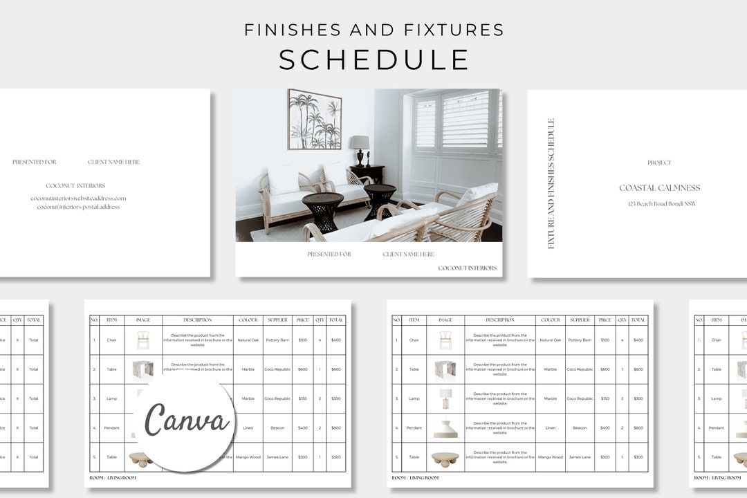Finishes Schedule Template, Canva Template, FF&E Schedule, Interior ...