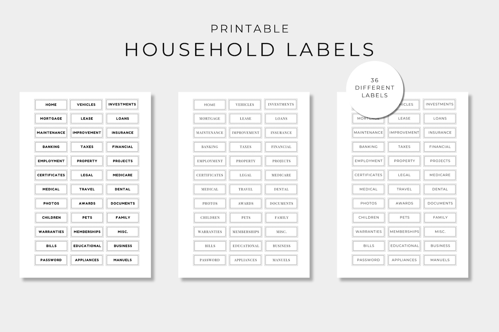 Printable Household Labels, Document Box Tabs Labels, Household Filing ...