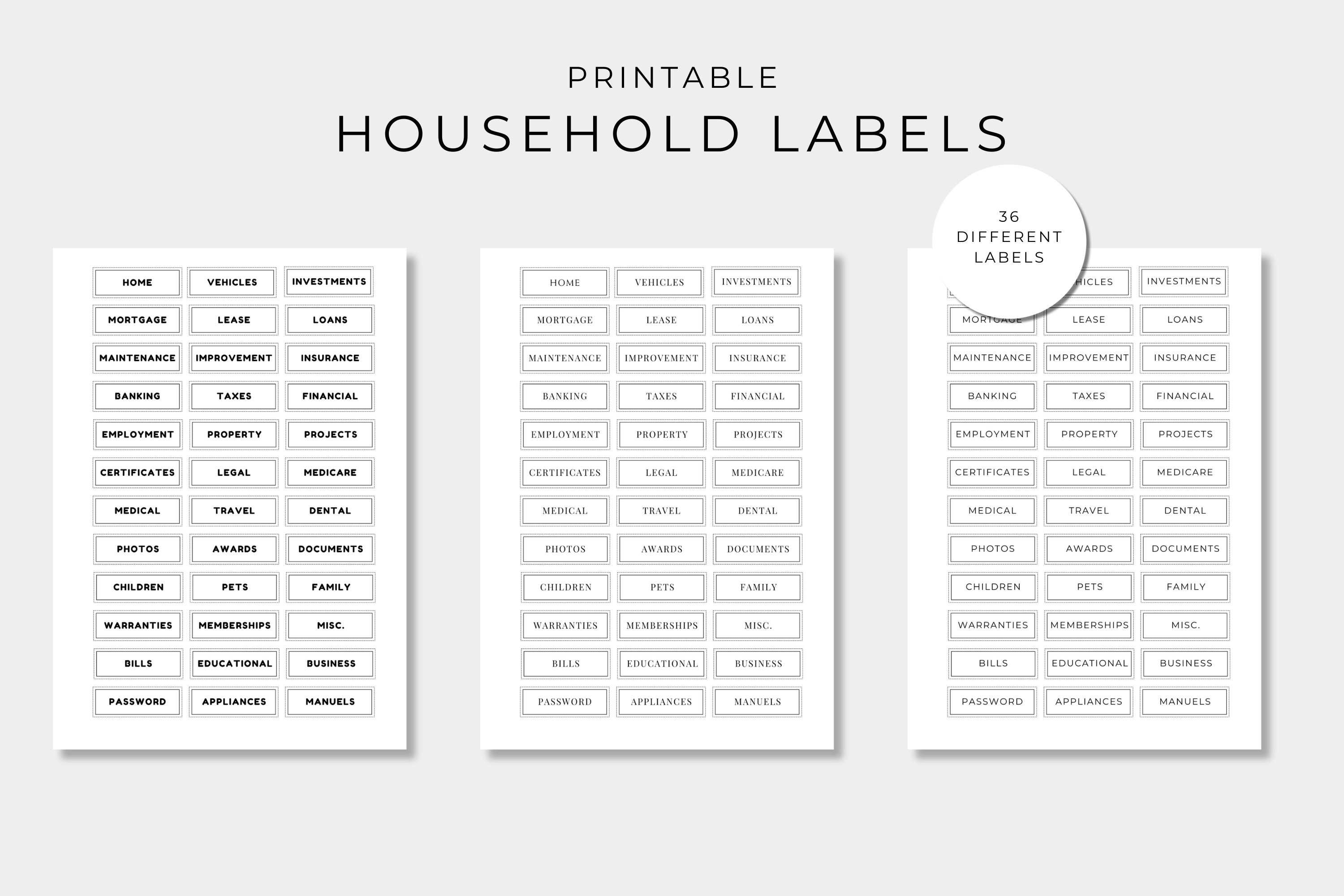 Printable Household Labels, Document Box Tabs Labels, Household Filing ...