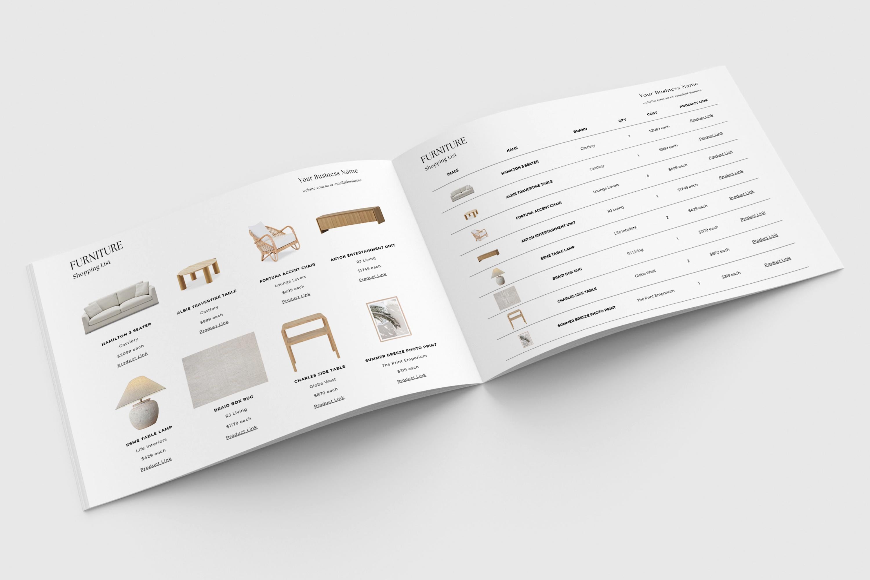 Interior Design Furniture Shopping List, Canva Template, Furniture ...