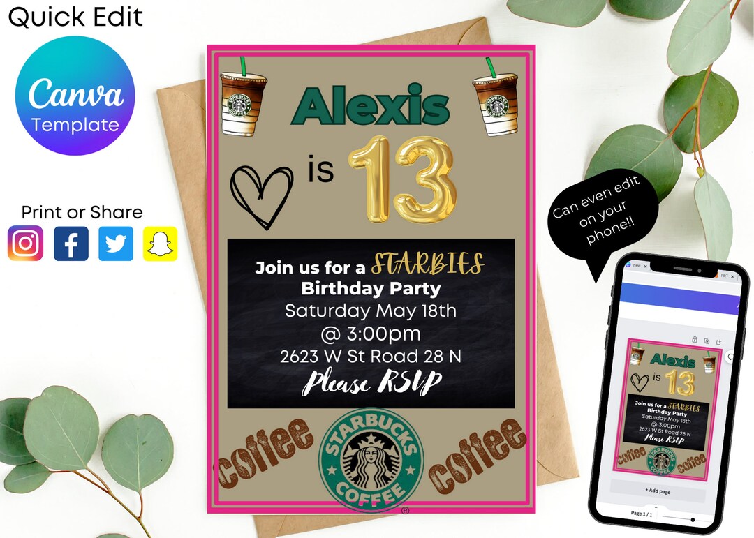 Starbucks Birthday Invitation Template Etsy