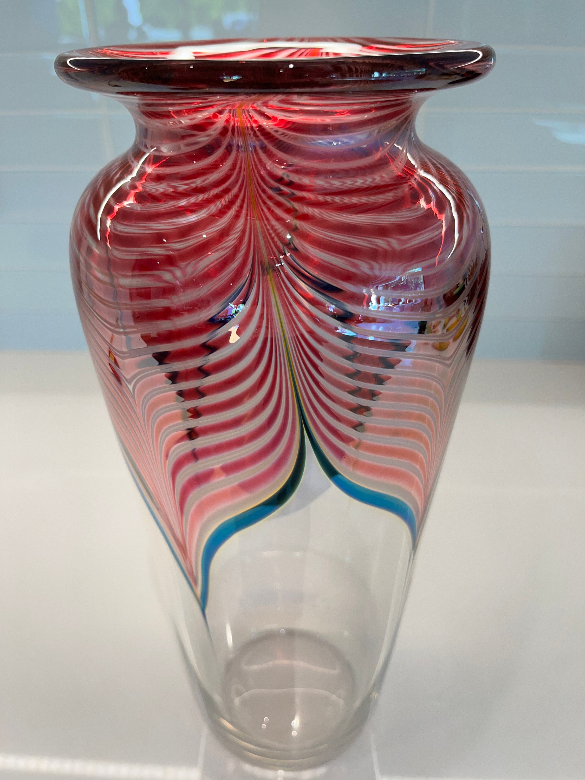Signed Stuart Abelman 1998 Art Glass Vase. 13 H Red, Blue, & Yellow ...