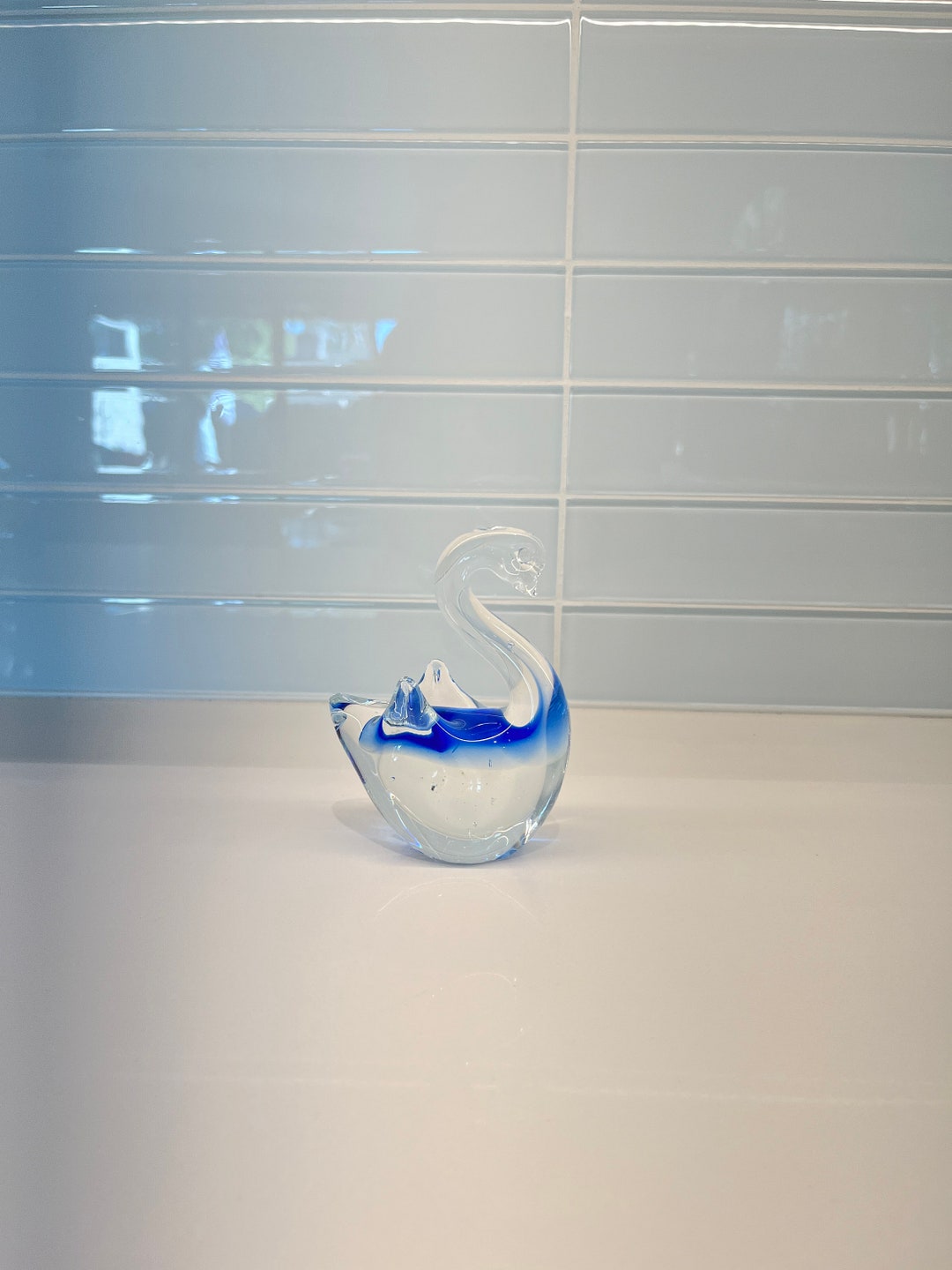 Art Glass Swan Clear and Blue Likely From the 90's No Chips or Cracks ...