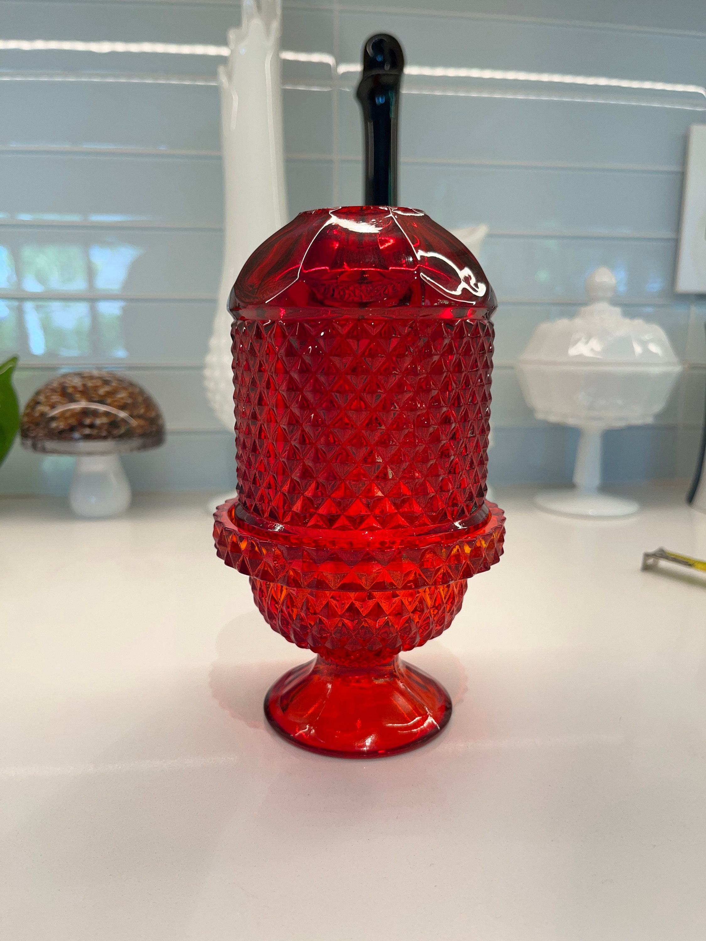 Glows Cadmium Ruby Red VIKING Diamond Point Fairy Lamp MCM 2-pieces ...