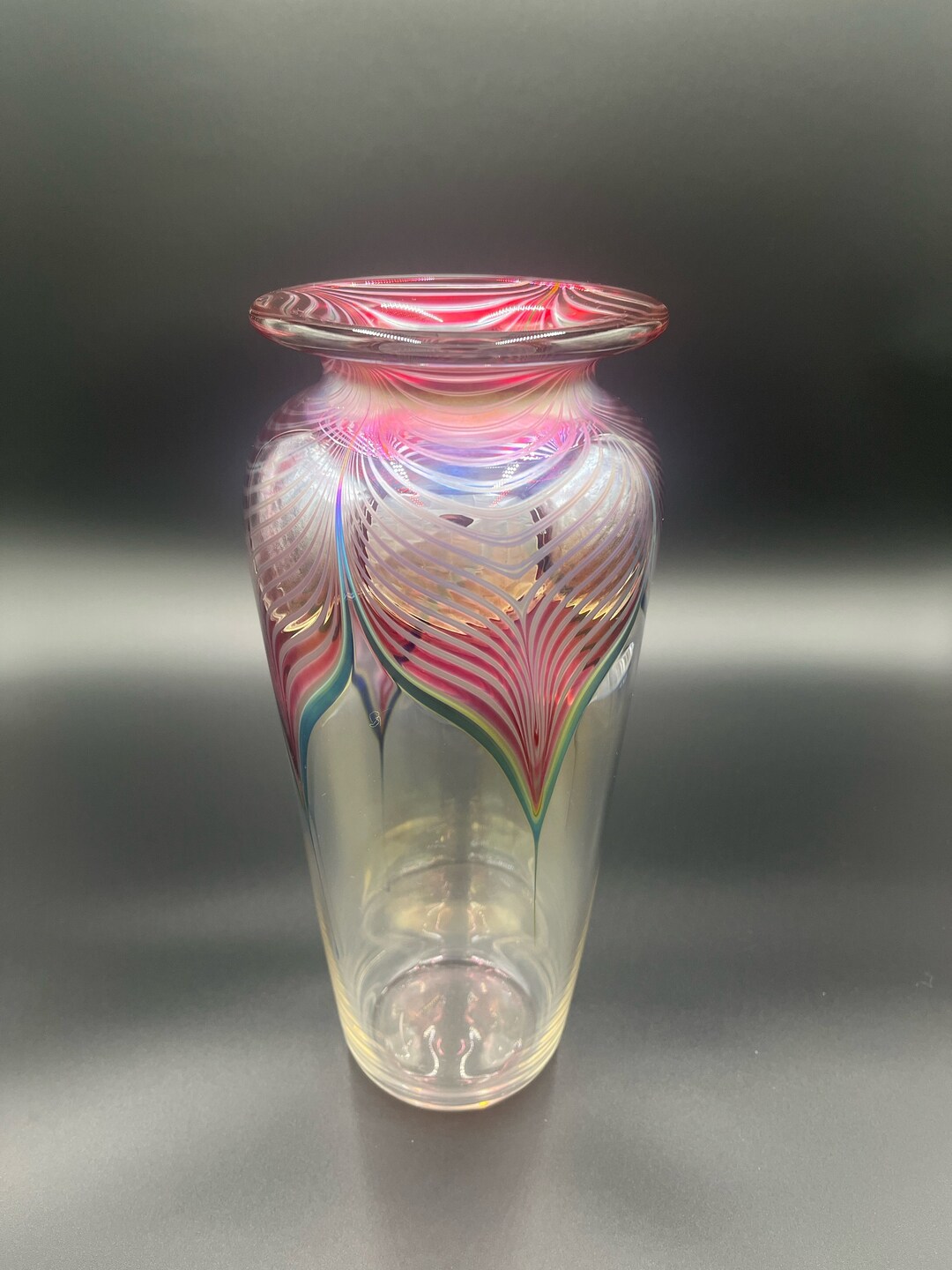 Signed Stuart Abelman 1998 Art Glass Vase. 13 H Red, Blue, & Yellow ...
