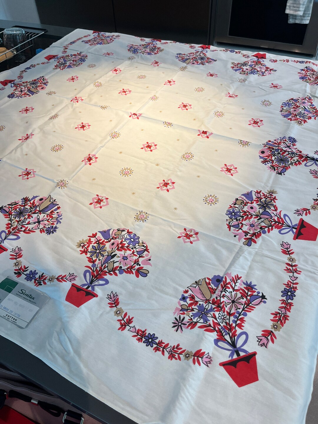 Pristine 1960s Vintage Simtex Tablecloth -happy Tree Pattern- Floral ...
