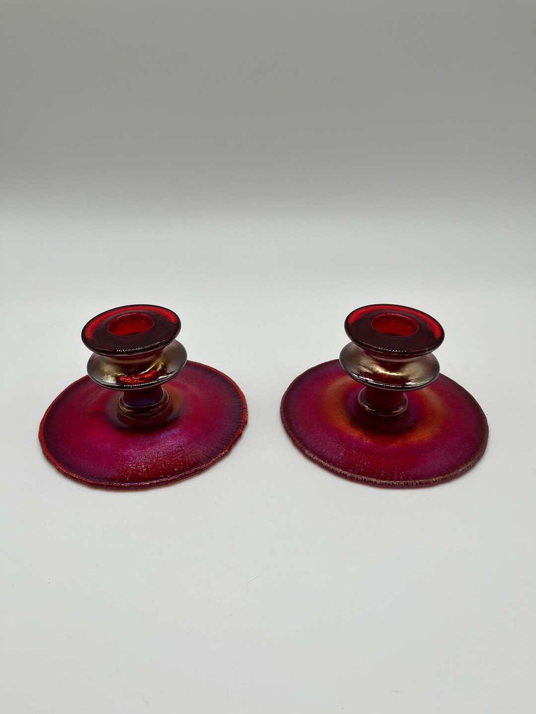 Fenton Ruby Amberina Iridescent Stretched Glass Candlestick Holders Early 2000s No Disclosures ...