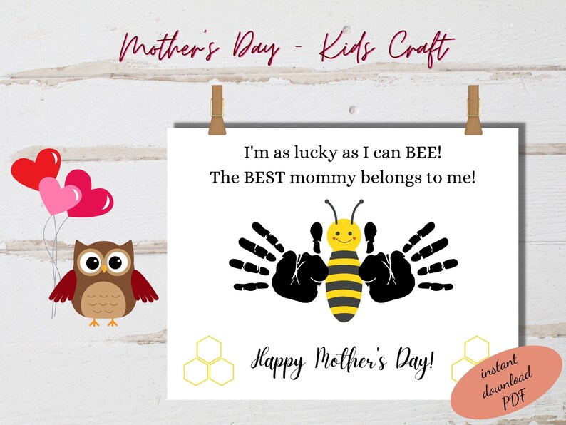 Lucky as Can Bee Mother's Day Handprint Art Gift Printable Handprint ...