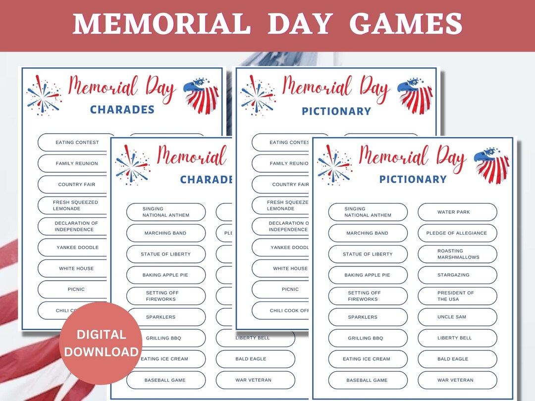 Patriotic Memorial Day Games Pictionary/charades Printable Memorial Day ...