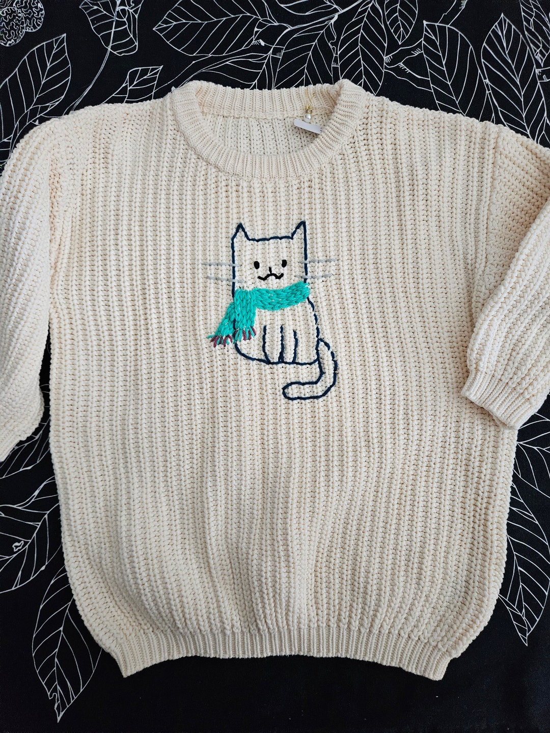 READY TO SHIP Hand Embroidered Cat Sweater - Kids Sweater - Chunky Knit ...