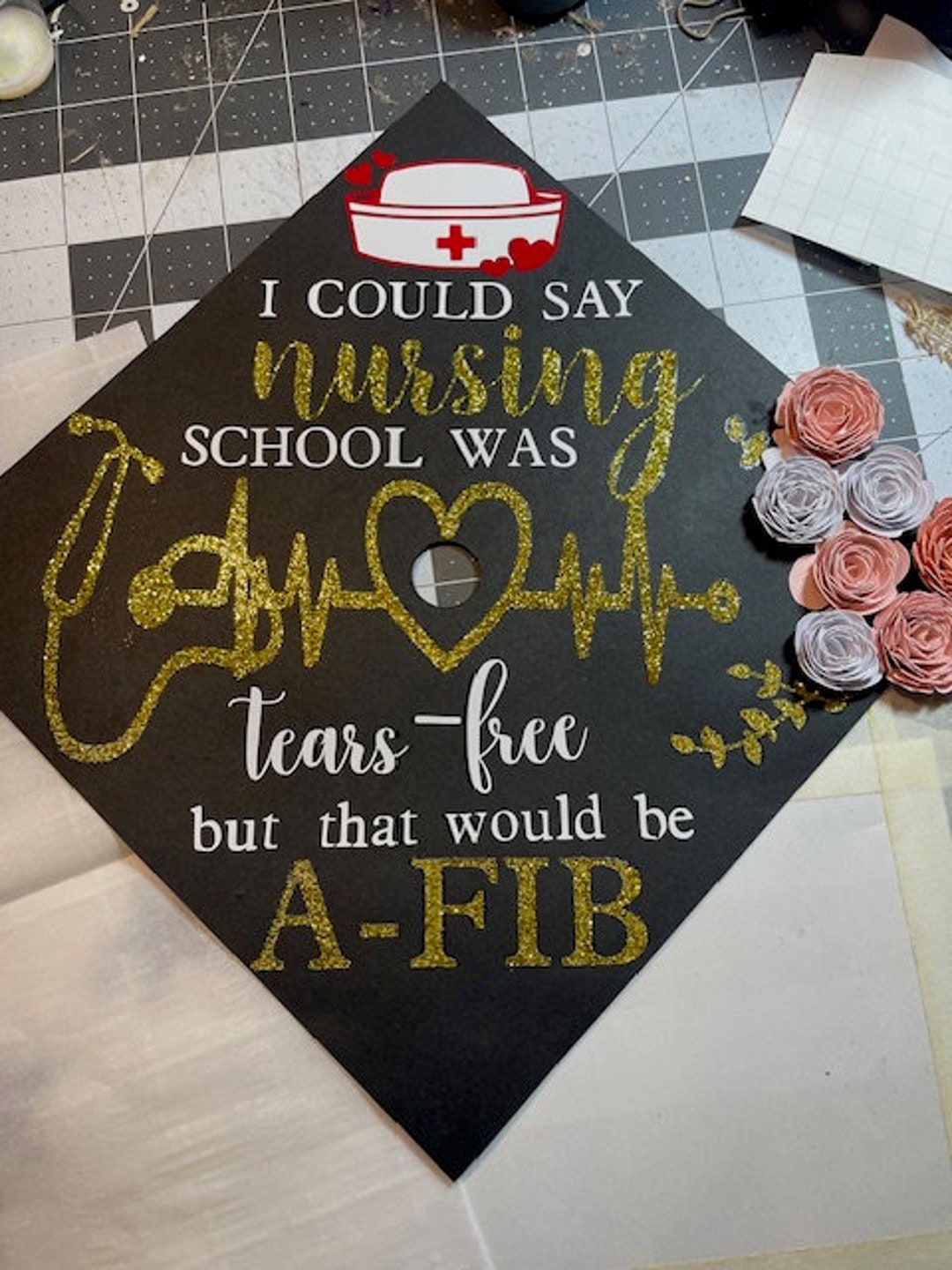 RN Custom 3D Glitter Graduation Cap Topper With Flowers for RN Graduate ...