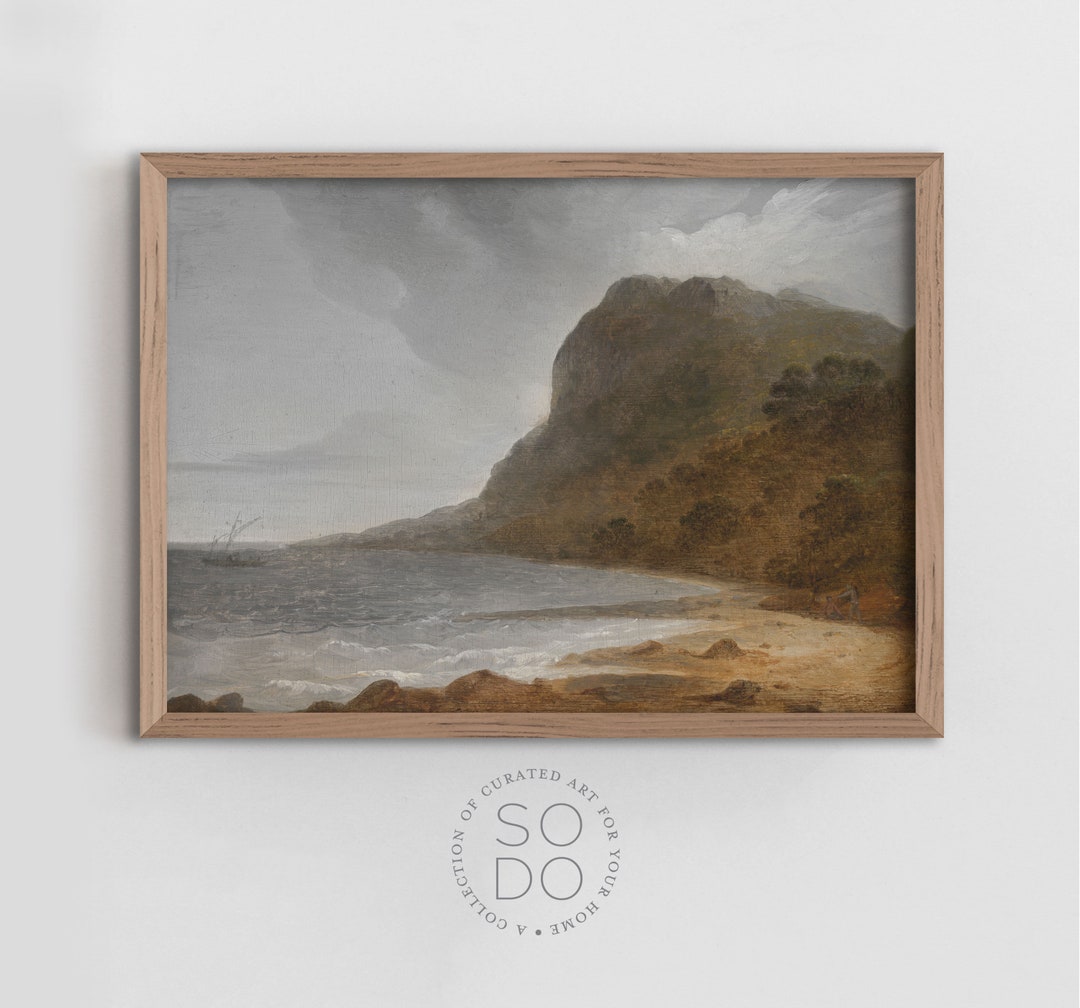 Rustic Sketch Ocean Meets Mountains, Artful Seascape, Neutral Tones ...