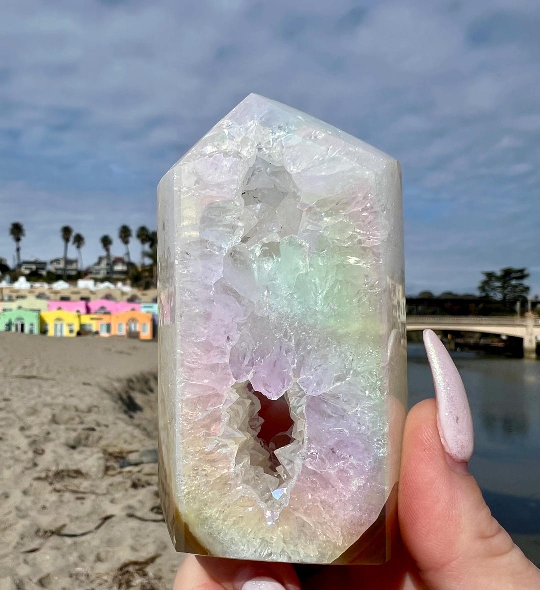 Rare Angel Aura Quartz Cut Tower, 2 Chamber Genuine Brazilian Rainbow ...
