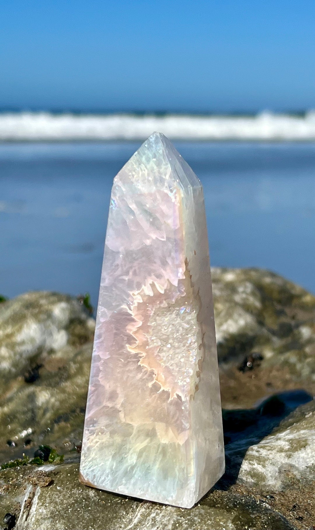 Rare Angel Aura Quartz Crystal Cut Tower, Genuine Brazilian Rainbow ...