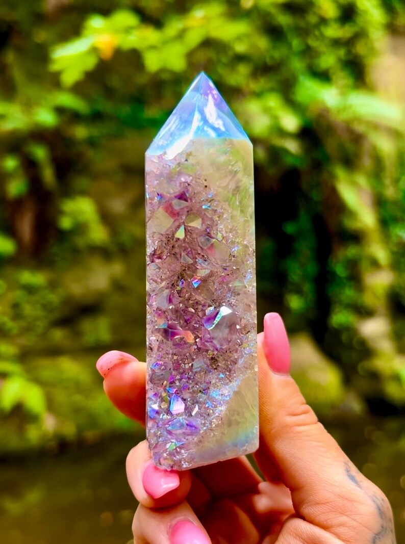Rare Angel Aura Quartz Crystal Cut Tower, Genuine Brazilian Rainbow Crystal Tower Point, Healing ...