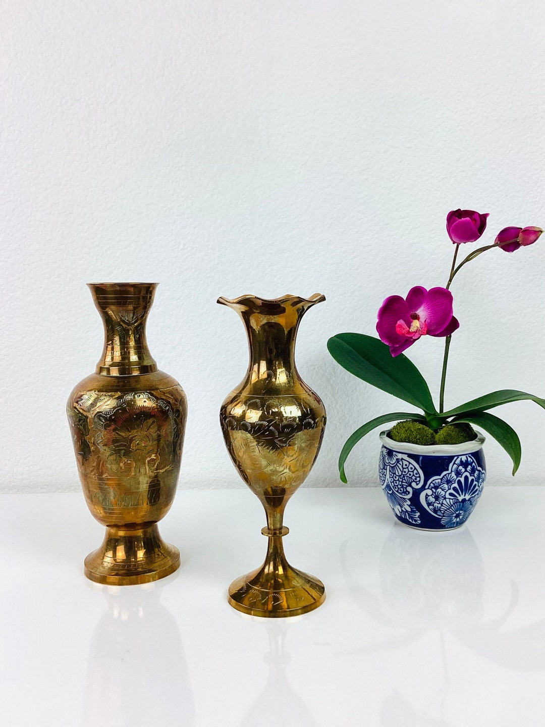 Vintage Pair of BRASS ETCHED Vase / Vessels - Etsy