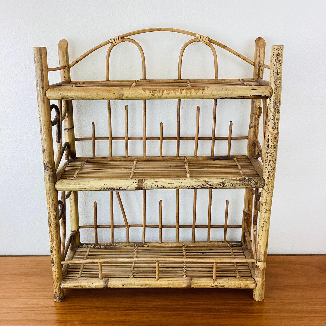 Vintage 1970s NATURAL RATTAN Table Top Shelf - Etsy