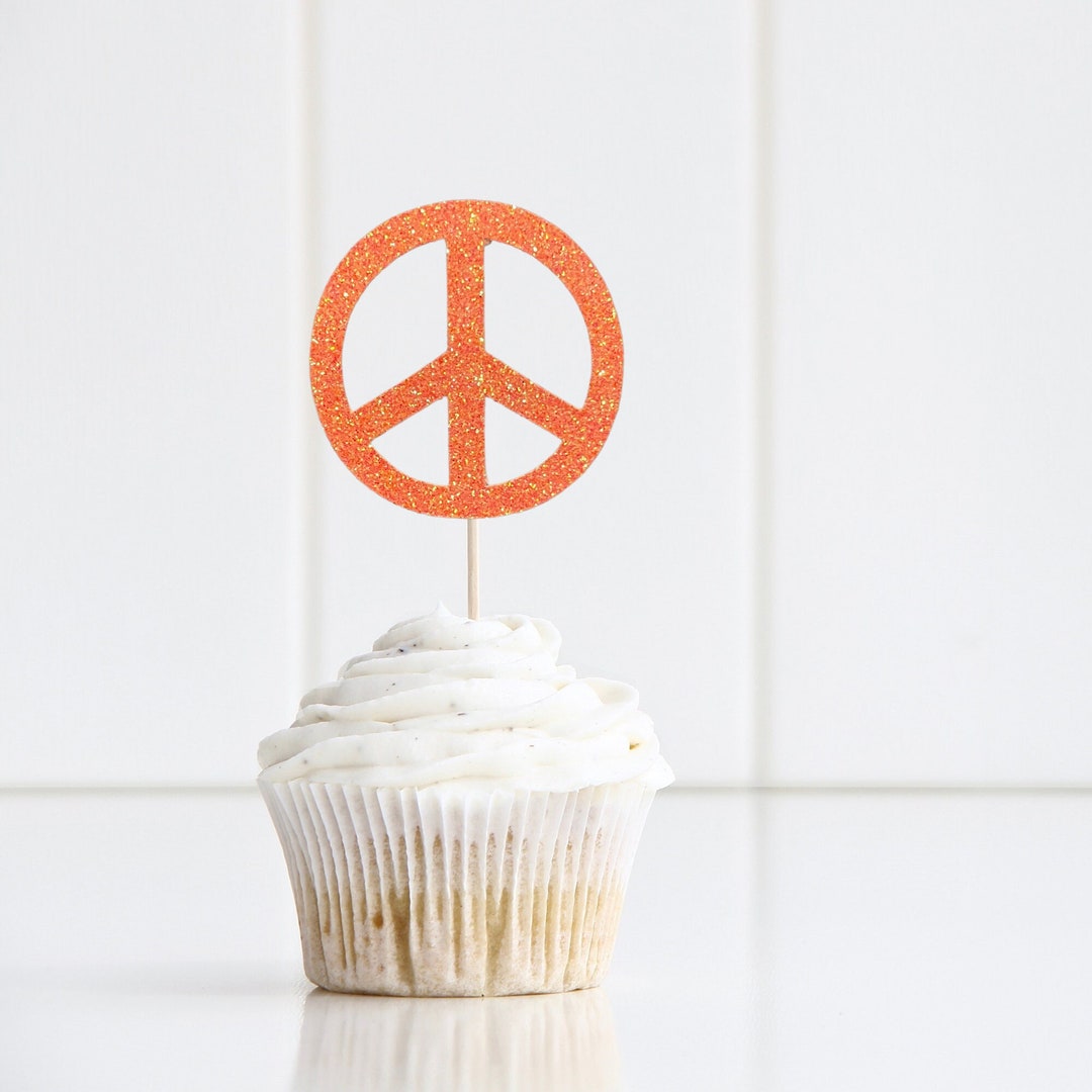 Peace Sign Cupcake Toppers Groovy Birthday Party Decor Orange Peace ...