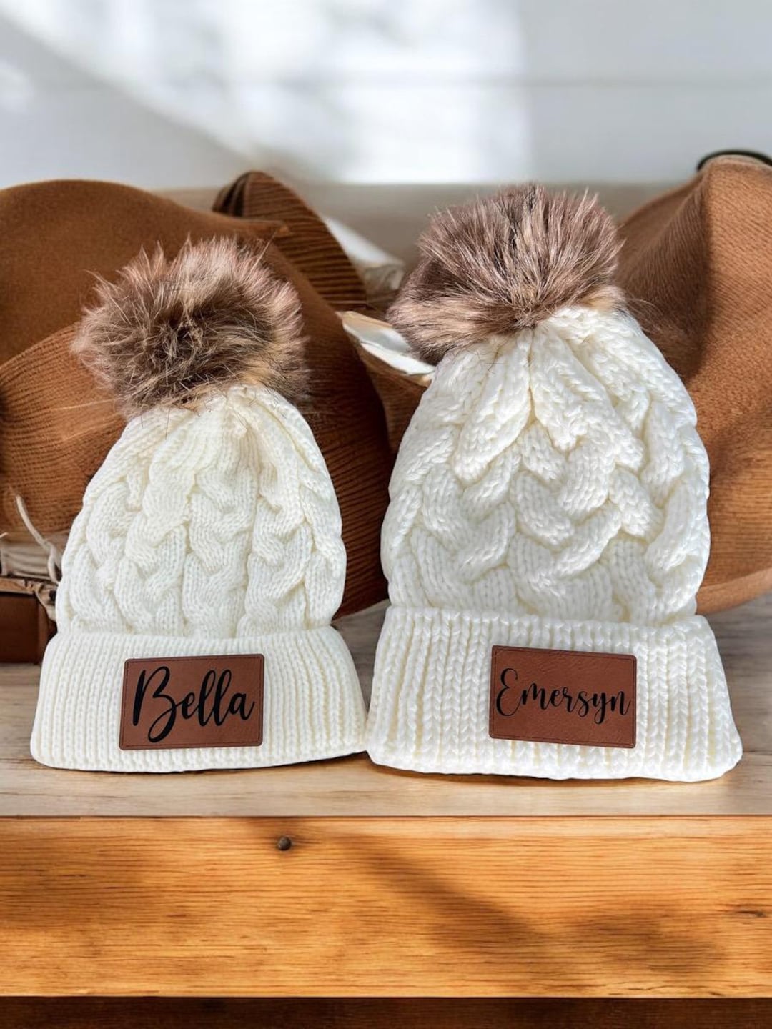 Personalize Baby Pom Beanie With Name,leather Patch Beanie With Pom for ...