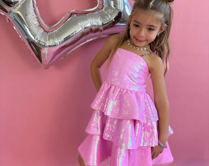 Feather Rhinestone Tulle Pink Girl Dress, Blush Glam Ruffled Girls ...