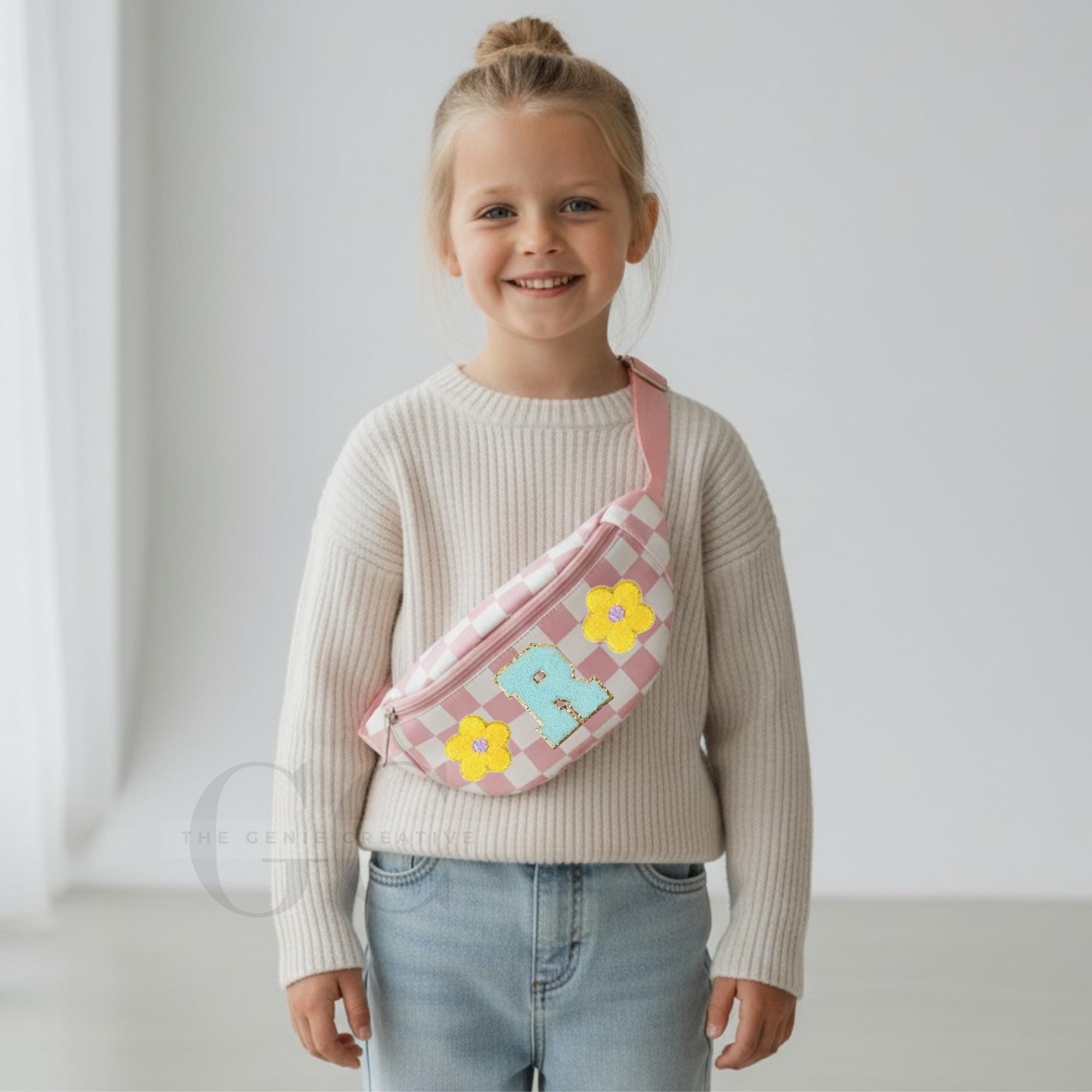 Personalized Kids Chenille Patch Fanny Pack — Custom Name Pink Plaid ...