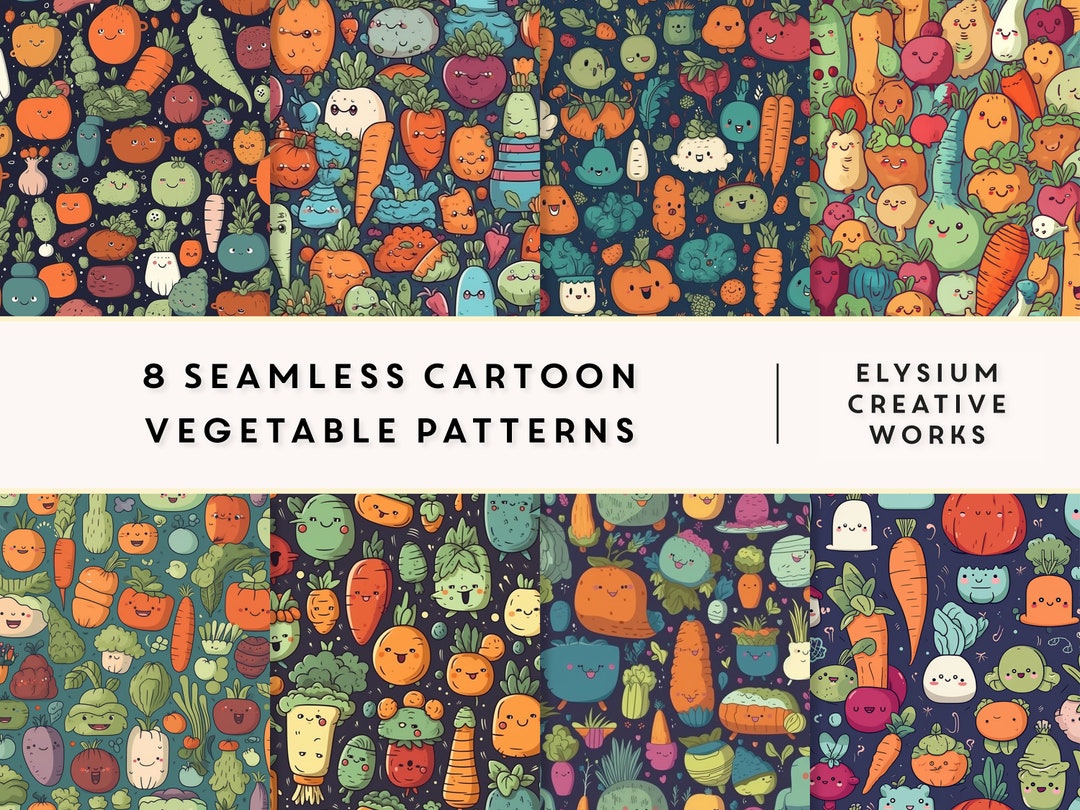 Cute Cartoon Vegetable Digital Paper Seamless Pattern Pack Digital ...