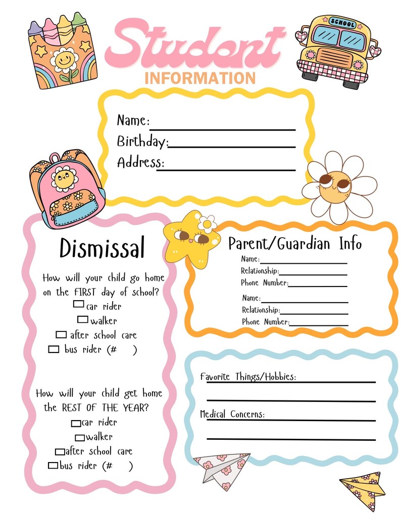 Groovy/retro Student Information Sheet Editable Digital Download - Etsy