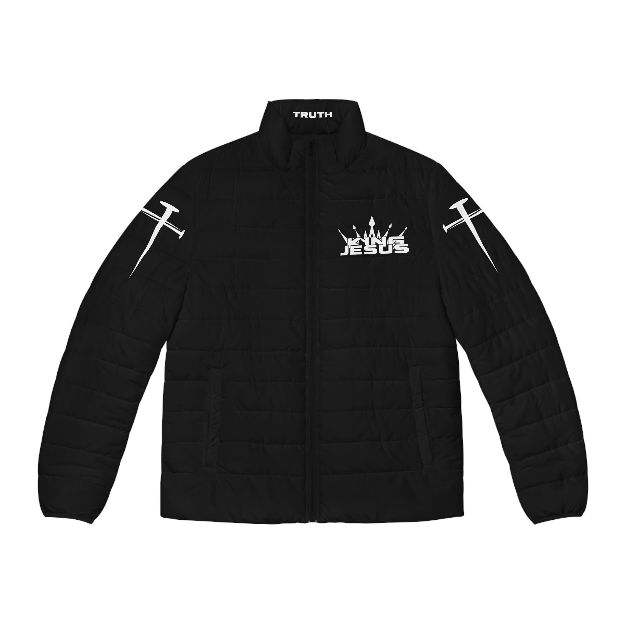 King Jesus Men's Puffer Jacket AOP Black Jesus Puffer Jacket, Christian ...