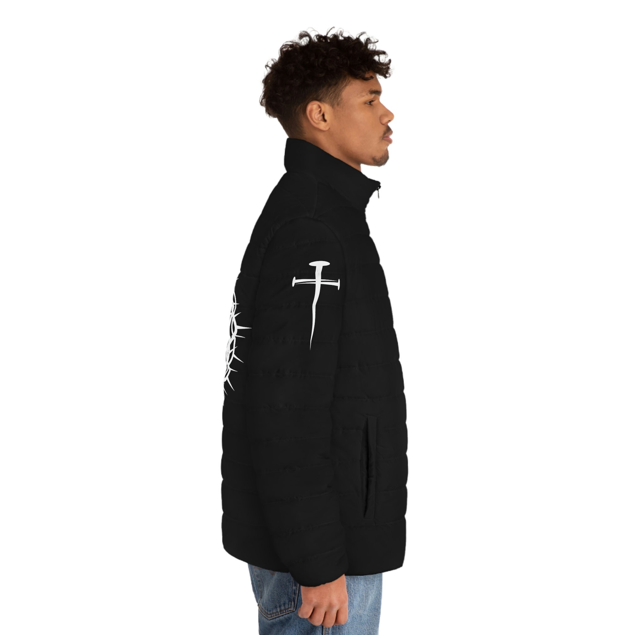 King Jesus Men's Puffer Jacket AOP Black Jesus Puffer Jacket, Christian ...