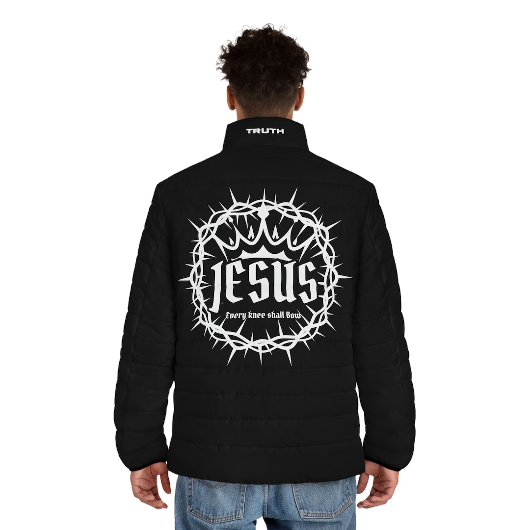King Jesus Men's Puffer Jacket AOP Black Jesus Puffer Jacket, Christian ...
