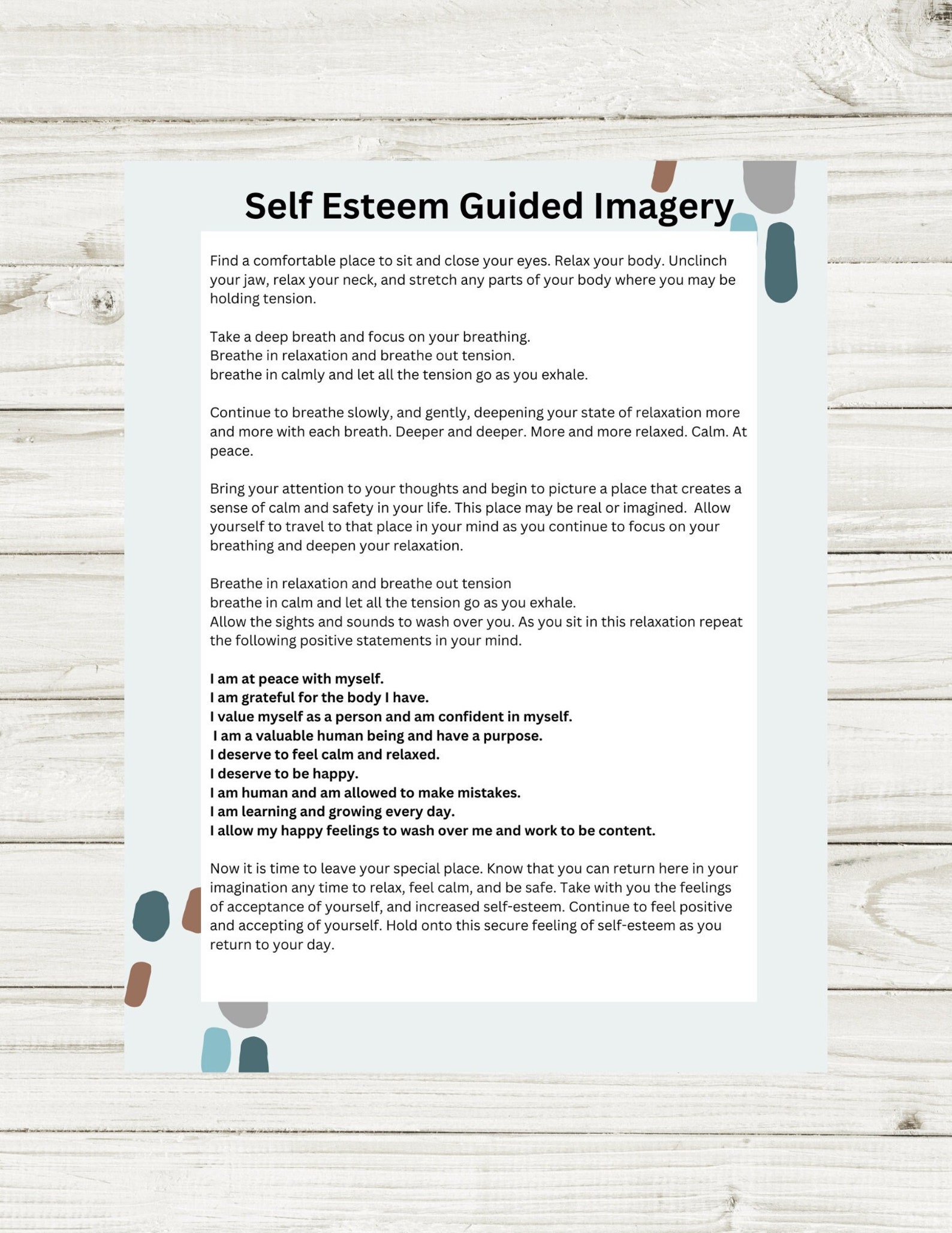 Self-esteem Guided Imagery Script, Relaxation Worksheets (printable) - Etsy