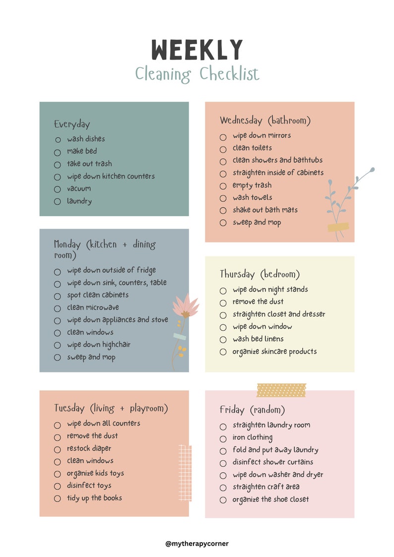 Weekly Cleaning Schedule, Cleaning Chart, Cleaning Chart, Chore Chart ...
