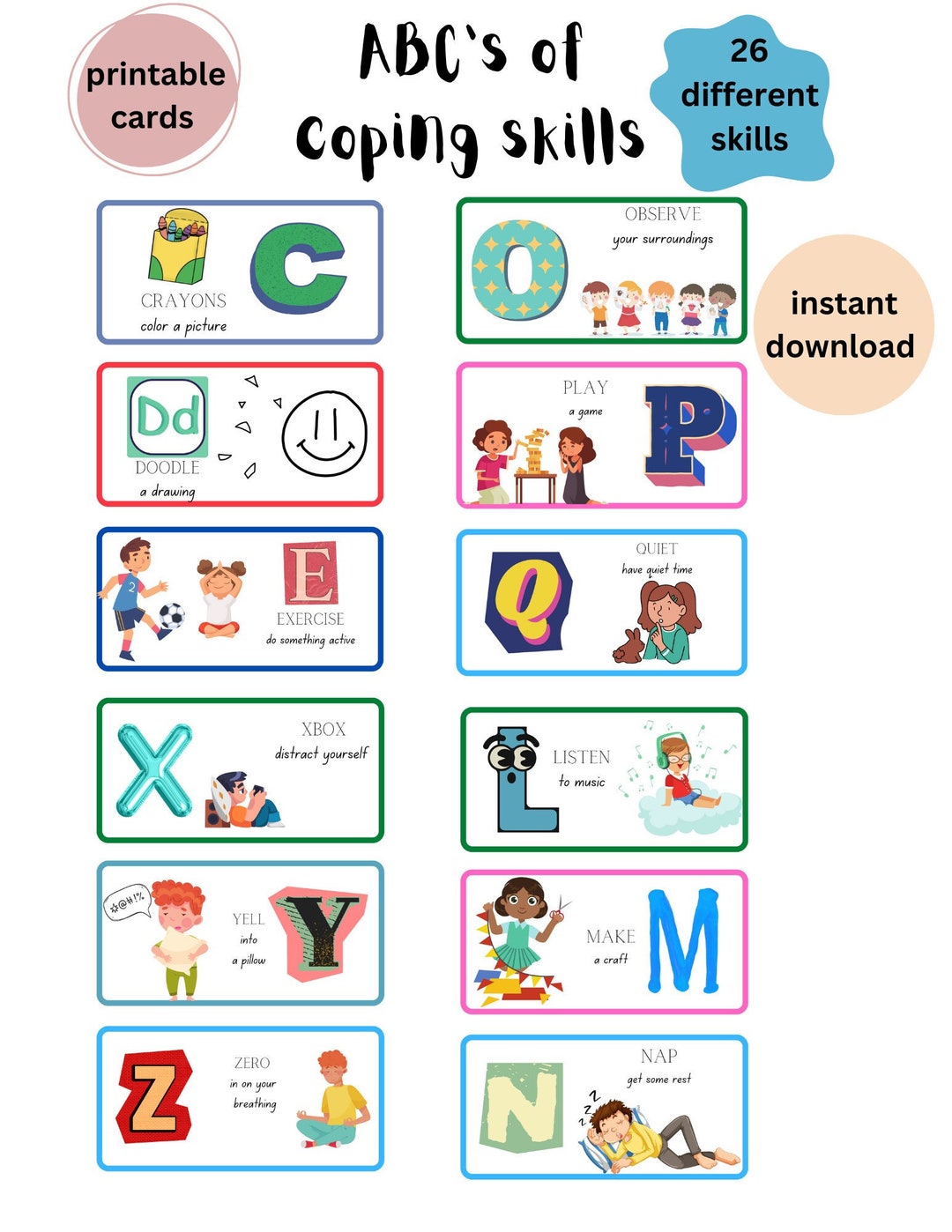Abc's Coping Skills Card Set for Kids, Kids Activities, Coping Skills ...