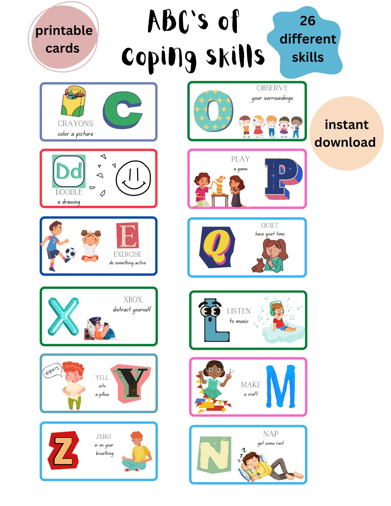Abc's Coping Skills Card Set for Kids, Kids Activities, Coping Skills ...
