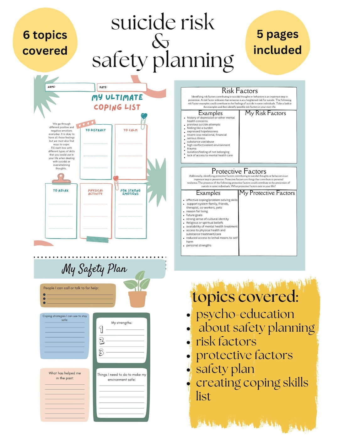 Suicide Risk and Safety Planning Bundle, Risk Assessment, Safety ...